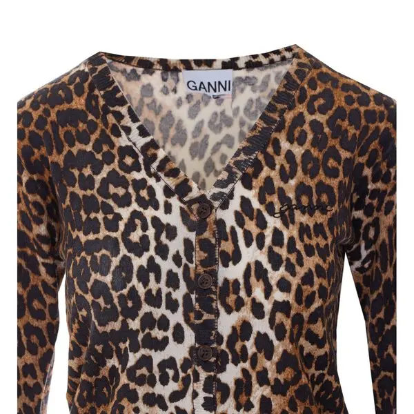 GANNI Leopard Print Merino Wool Cardigan - Brown