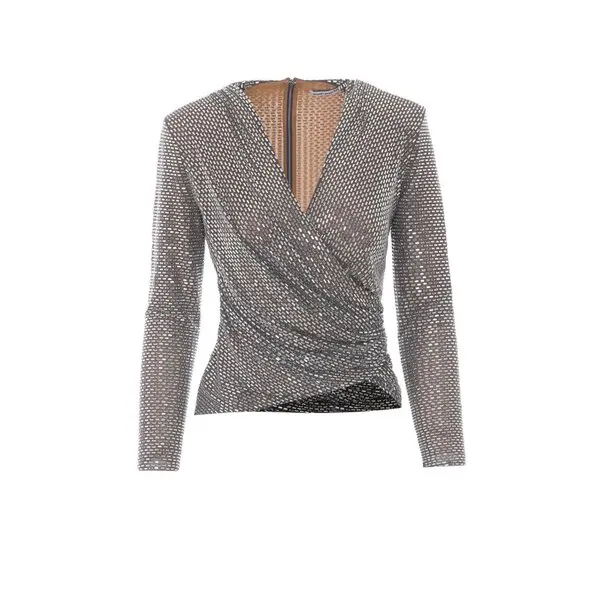 SELF-PORTRAIT Rhinestone Mesh Long Sleeve Top