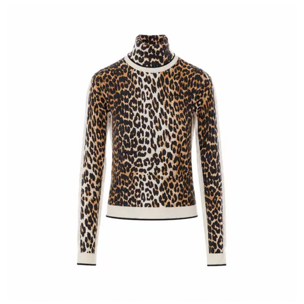 GANNI Leopard Print Turtleneck Sweater With Logo - Brown