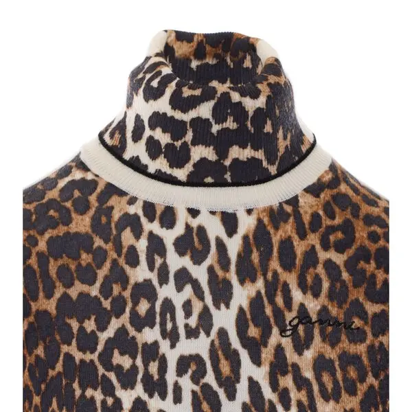 GANNI Leopard Print Turtleneck Sweater With Logo