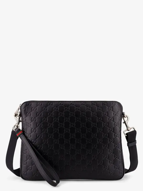 Gucci Leather Gg Emblem Crossbody Bag With Embossed Gg Motif - Black