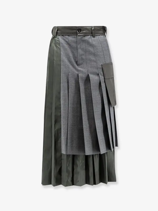 Sacai Pleated Wool Blend Midi Skirt - Multicolor