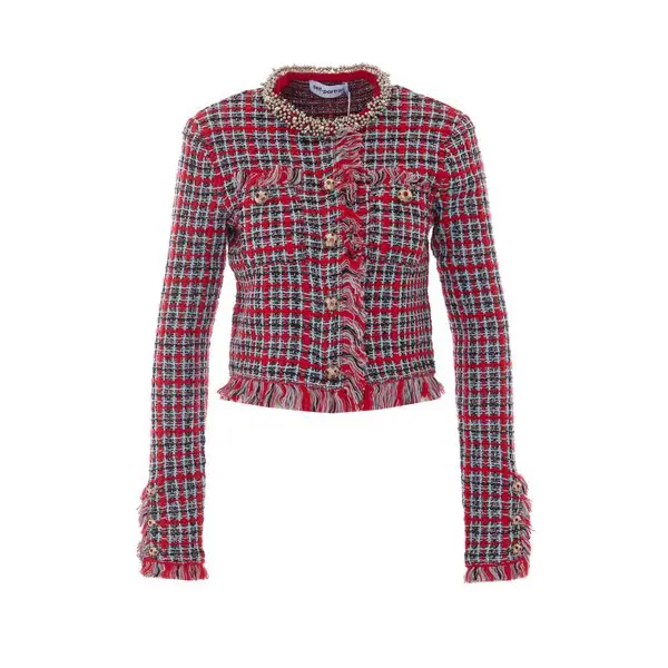 SELF-PORTRAIT Check Frayed Knit Jacket - Red