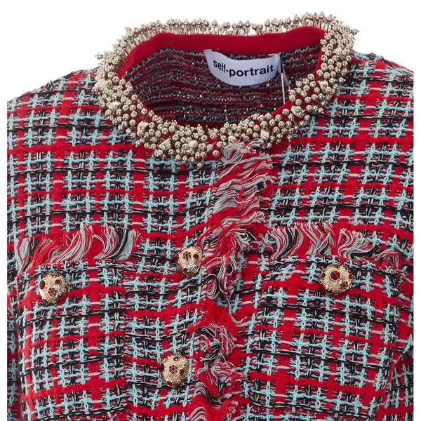 SELF-PORTRAIT Check Frayed Knit Jacket