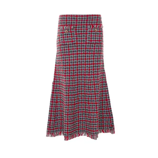 SELF-PORTRAIT Check Frayed Knit Midi Skirt - Red
