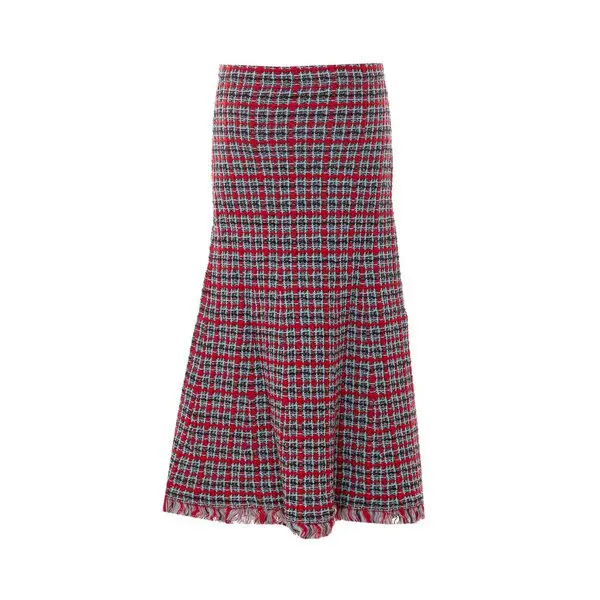 SELF-PORTRAIT Check Frayed Knit Midi Skirt