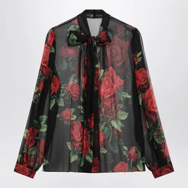Dolce & Gabbana Rose-print Silk Chiffon Blouse - Black