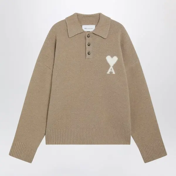 AMI Paris De Coeur Beige Alpaca-blend Polo Sweater - Cream