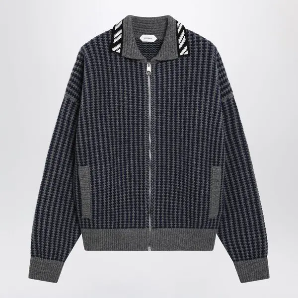 Versace Wool Zip-up Cardigan With Geometric Intarsia - Gray