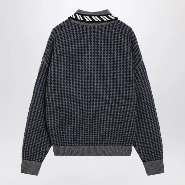 Versace Wool Zip-up Cardigan With Geometric Intarsia - Gray