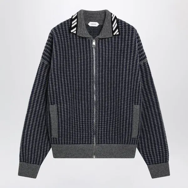 Versace Wool Zip-up Cardigan With Geometric Intarsia - Gray