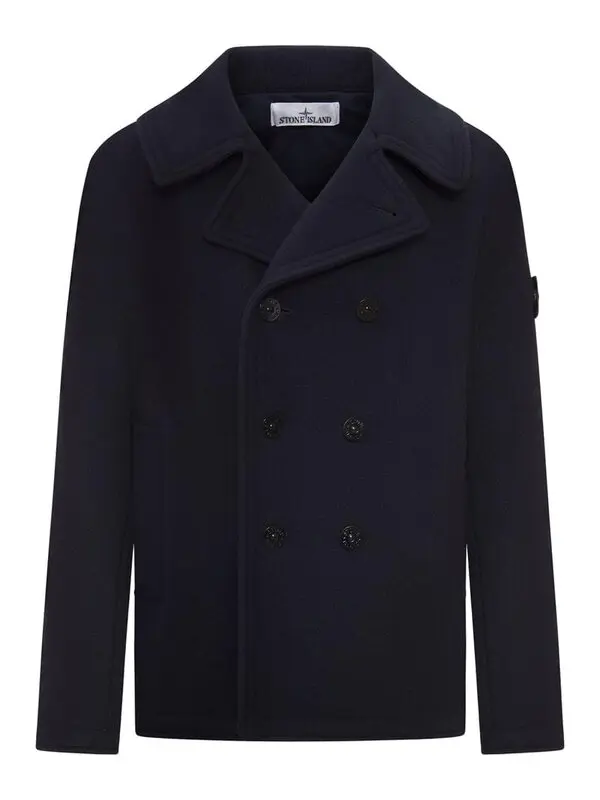 Stone Island Navy Double-breasted Wool And Cashmere Blend Jacket - Blue