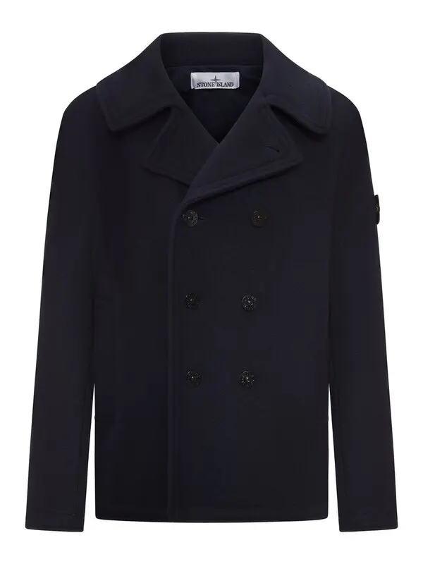 Stone Island Navy Double-breasted Wool And Cashmere Blend Jacket - Blue