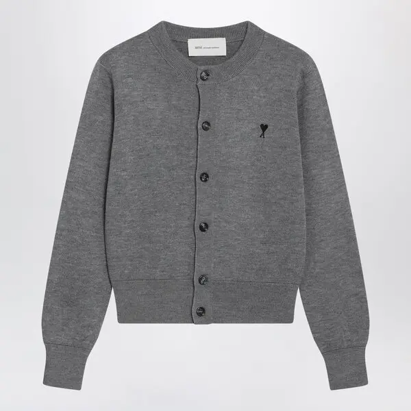 AMI Paris Grey De Coeur Wool Cardigan