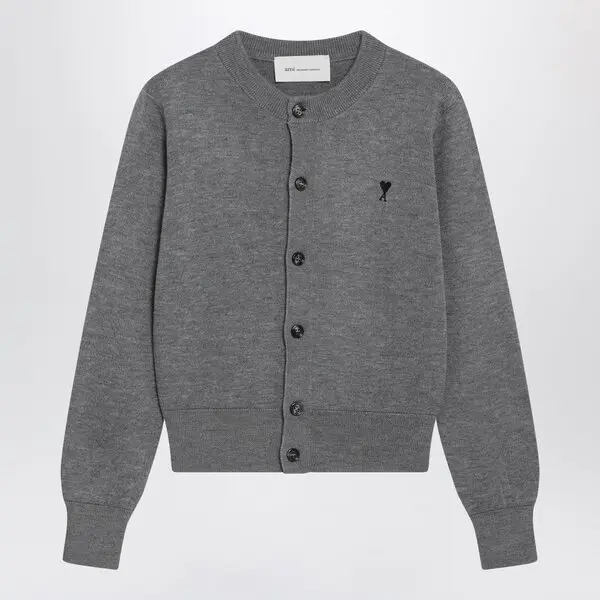 AMI Paris Grey De Coeur Wool Cardigan - Gray