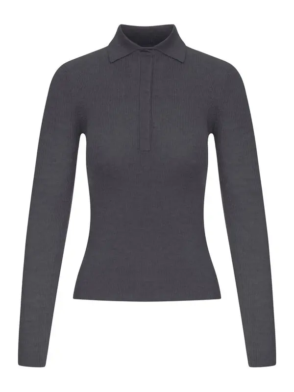 Max Mara Grey Ribbed Knit Polo Shirt - Gray