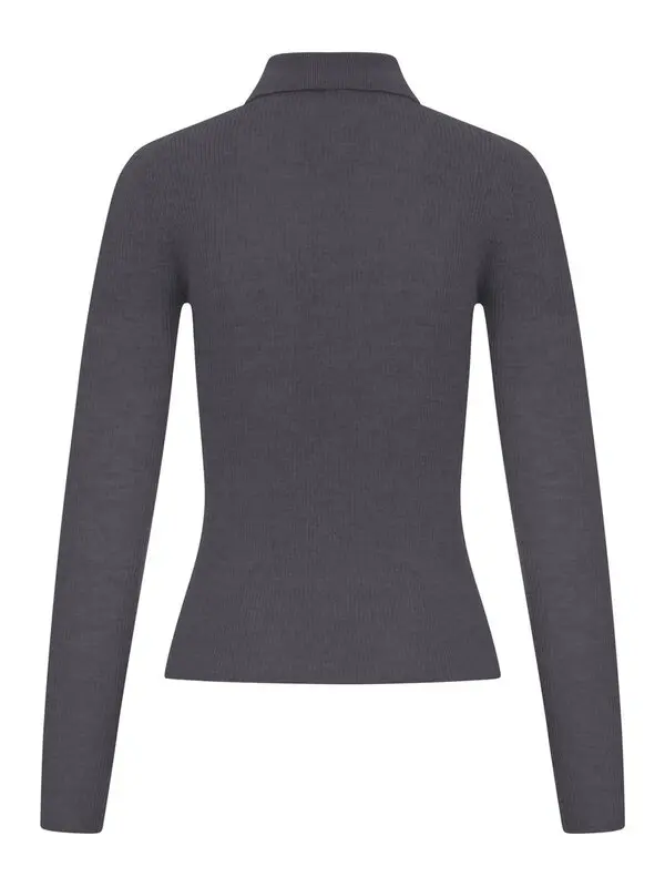 Max Mara Grey Ribbed Knit Polo Shirt