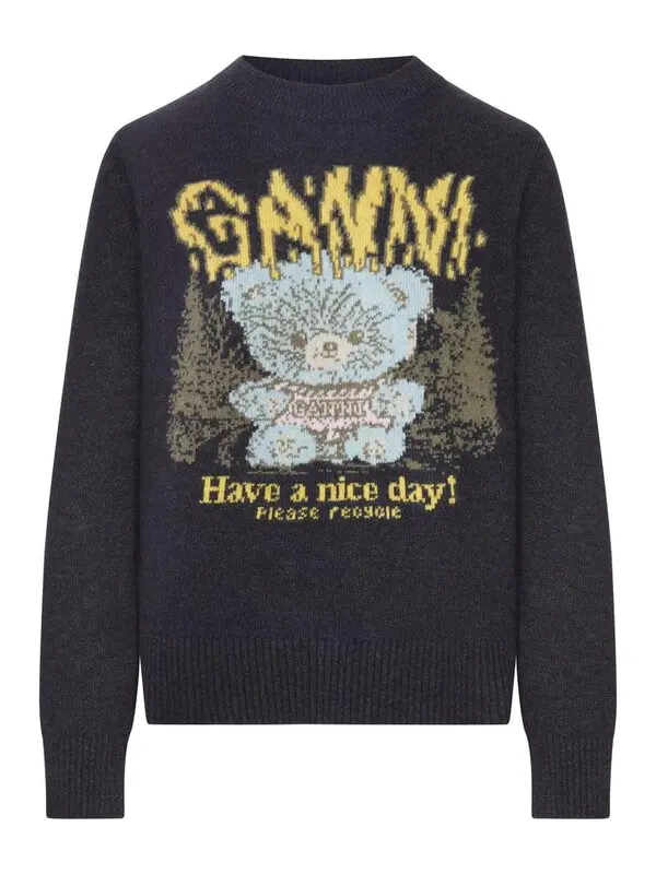 GANNI Wool Sweater With Teddy Graphic - Gray