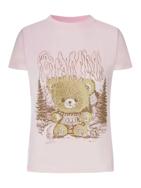 GANNI Printed Slim-fit T-shirt In Organic Cotton - Pink