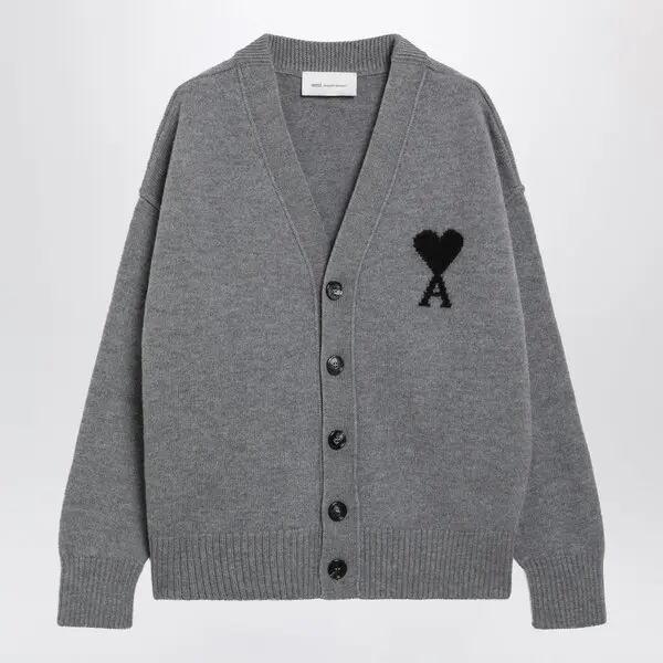 AMI Paris Grey De Coeur Merino Wool Cardigan