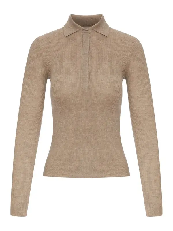 Max Mara Beige Mélange Ribbed Knit Polo Shirt - Cream
