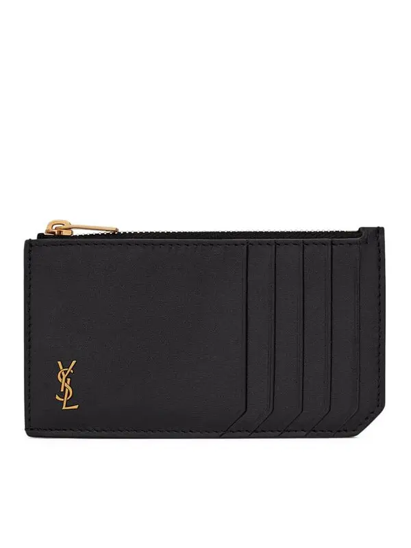 Saint Laurent Fragments Tiny Cassandre Zipped Card Holder In Glossy Leather - Black
