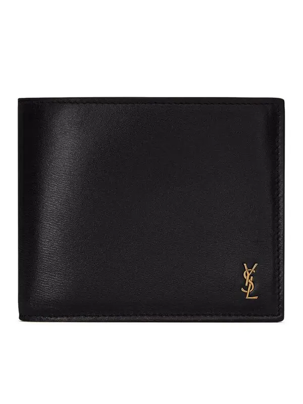 Saint Laurent Small Tiny Cassandre East/west Wallet In Glossy Leather - Black