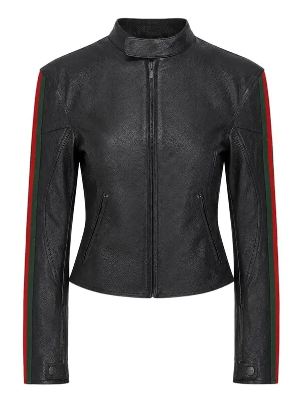 Gucci Leather Biker Jacket With Web Stripe Detail - Black