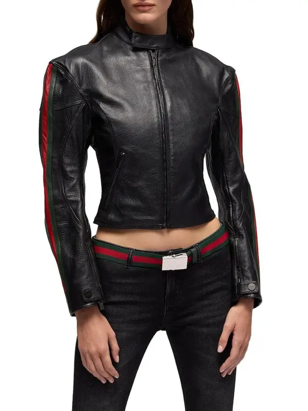 Gucci Leather Biker Jacket With Web Stripe Detail