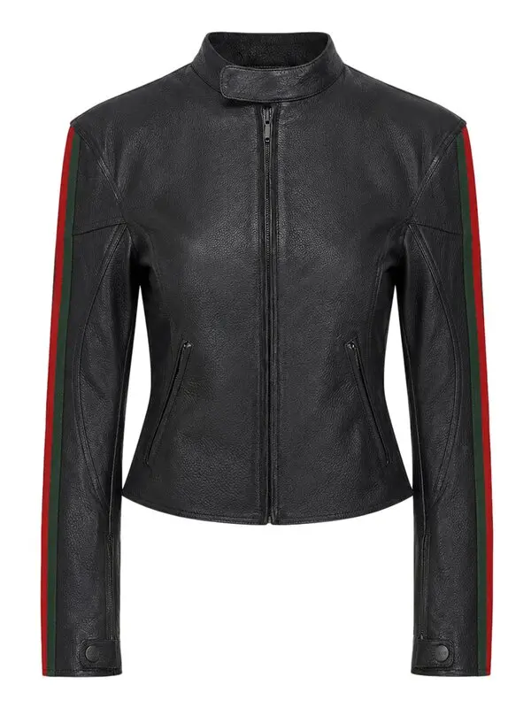 Gucci Leather Biker Jacket With Web Stripe Detail
