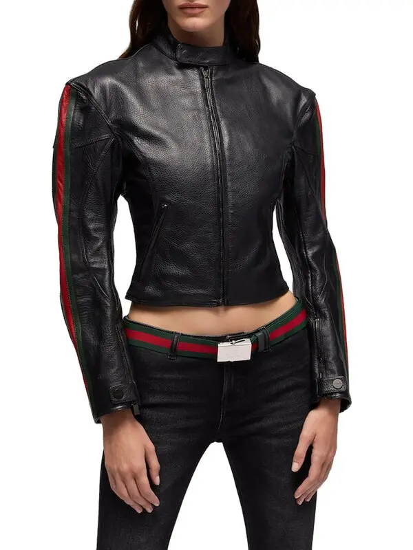 Gucci Leather Biker Jacket With Web Stripe Detail