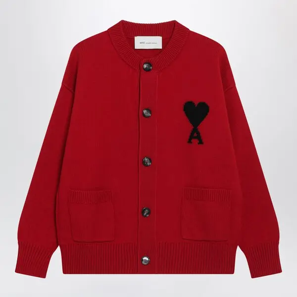 AMI Paris Ruby De Coeur Merino Wool Cardigan - Red