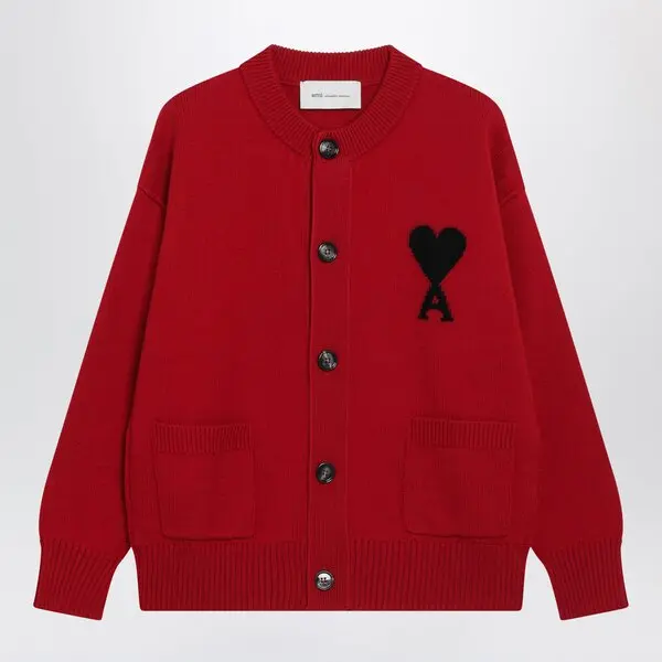 AMI Paris Ruby Merino Wool De Coeur Cardigan - Red