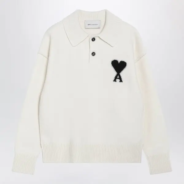 AMI Paris De Coeur Wool Polo Sweater - White