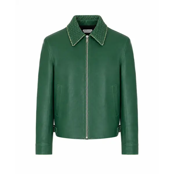 Bottega Veneta Emerald Leather Jacket With Intrecciato Collar