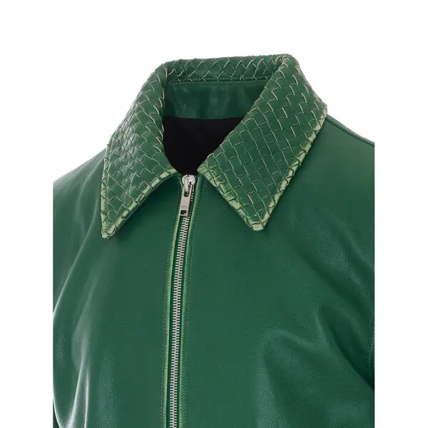 Bottega Veneta Emerald Leather Jacket With Intrecciato Collar