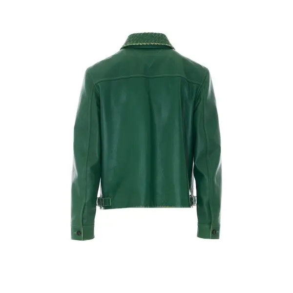 Bottega Veneta Emerald Leather Jacket With Intrecciato Collar
