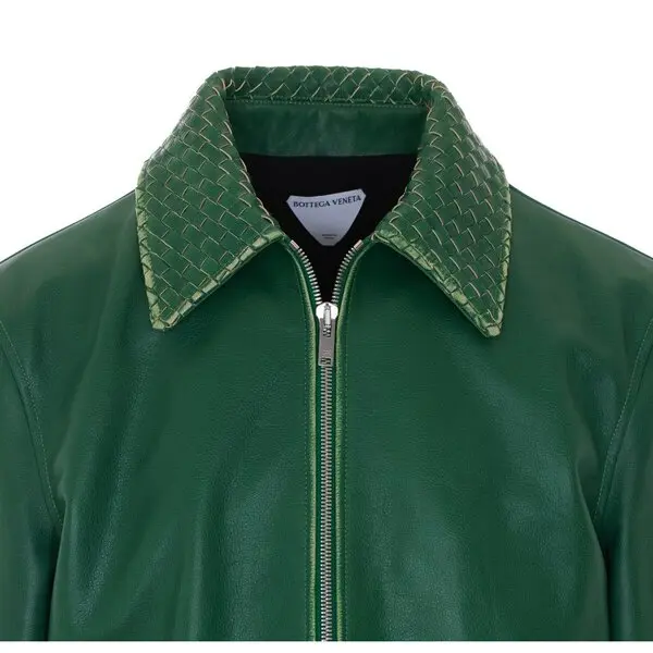 Bottega Veneta Emerald Leather Jacket With Intrecciato Collar