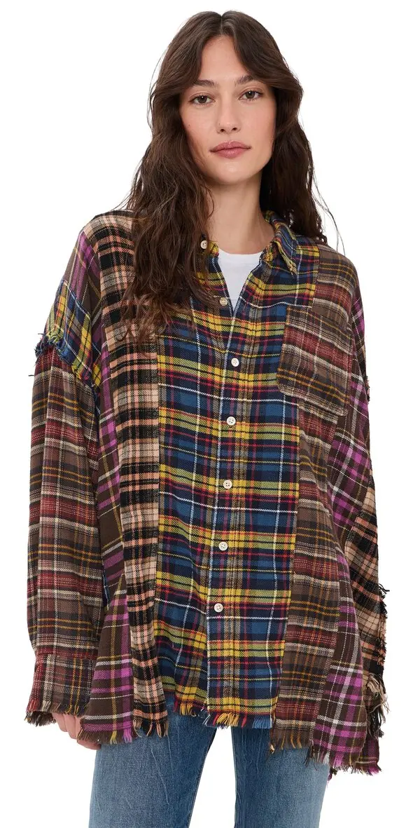 R13 Spliced Drop Neck Button Down Shirt - Blue Multi Plaid