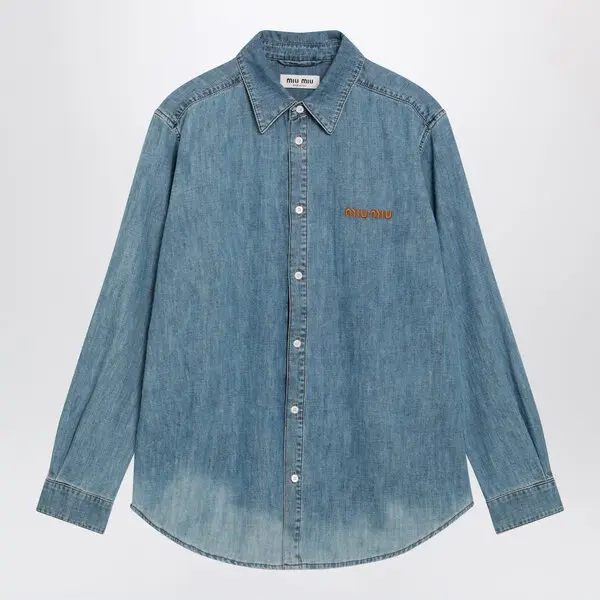 Miu Miu Bleached Cotton Chambray Shirt In Light