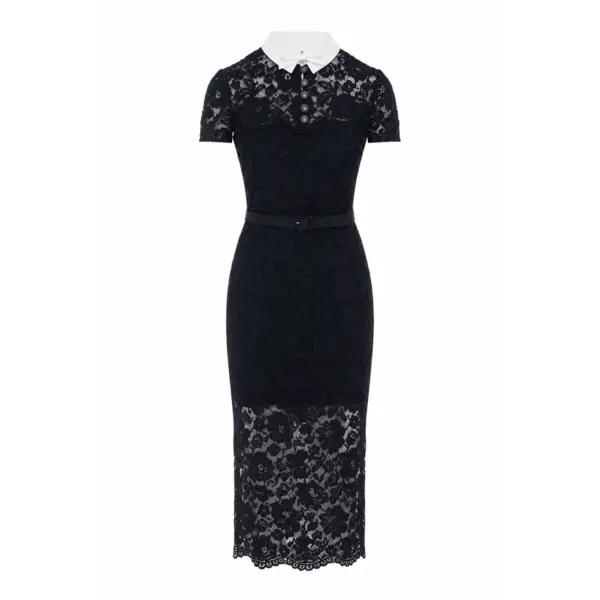 SELF-PORTRAIT Lace Contrast Collar Midi Dress - Black