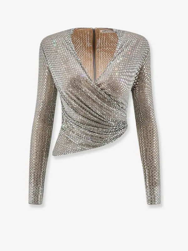 SELF-PORTRAIT Mesh Top With All-over Rhinestones - Gray