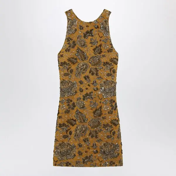 Saint Laurent Mini Dress In Gold Stretch Brocade - Brown