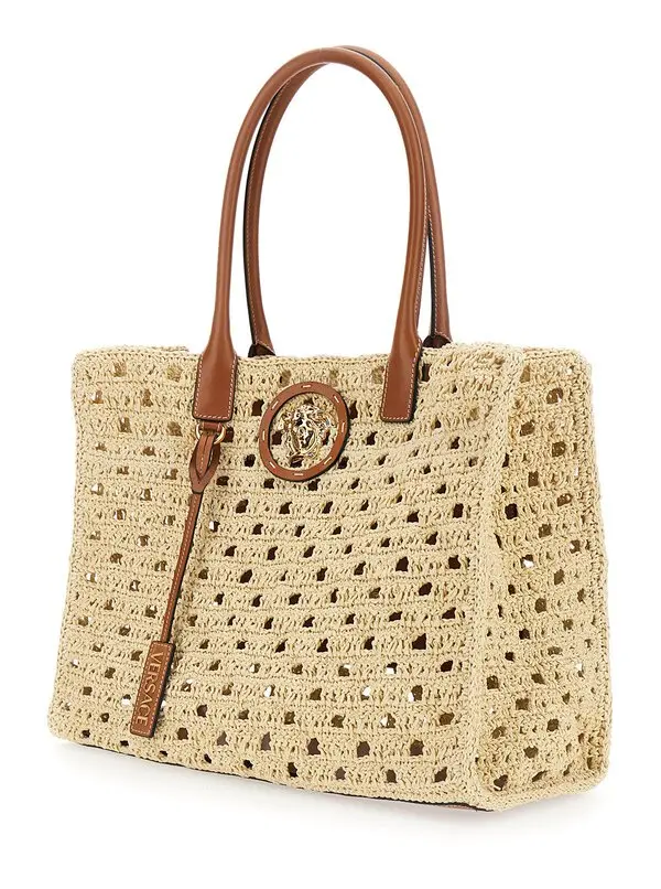 Versace La Medusa' Beige Tote Bag With Medusa Logo Plate And Removable Logo Pendant In Raffia For - Multicolor
