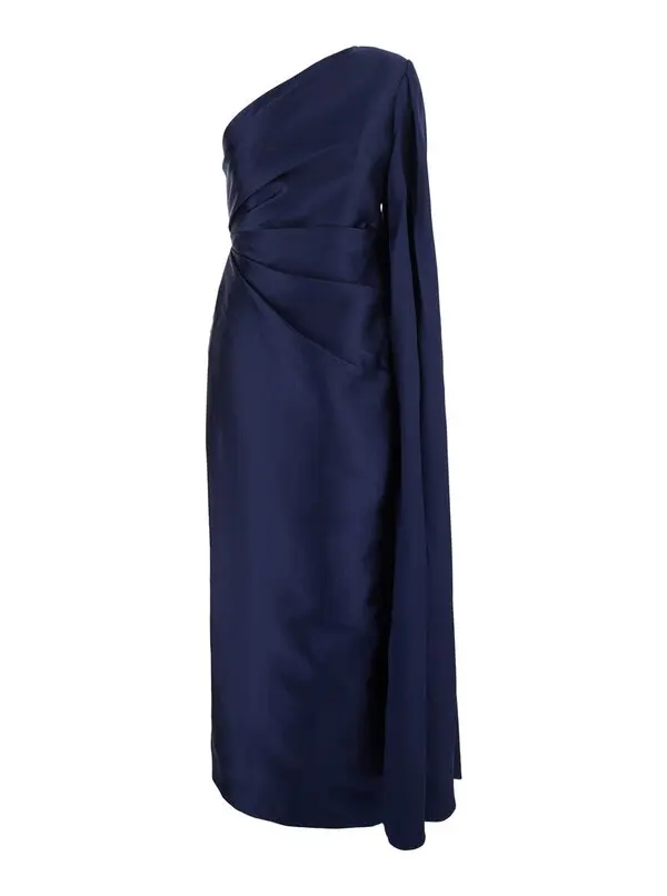 Solace London Veya' Blue Long Dress With Asymmetric Neckline And Draping In Tech Fabric - Multicolor