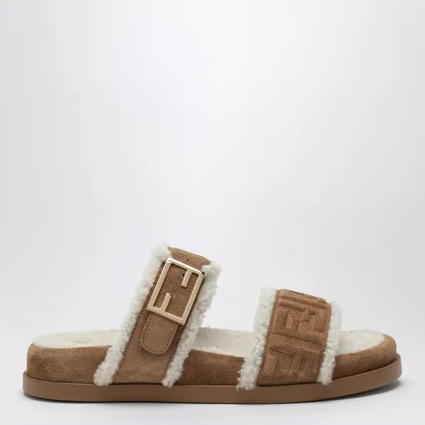 Fendi Slide Feel In Bronze Suede And Shearling - Brown