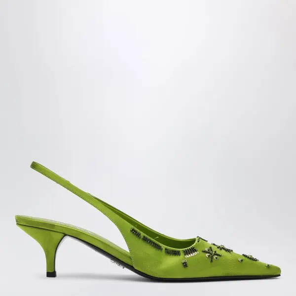 Prada Fern Sequin Satin Slingback Pumps - Green