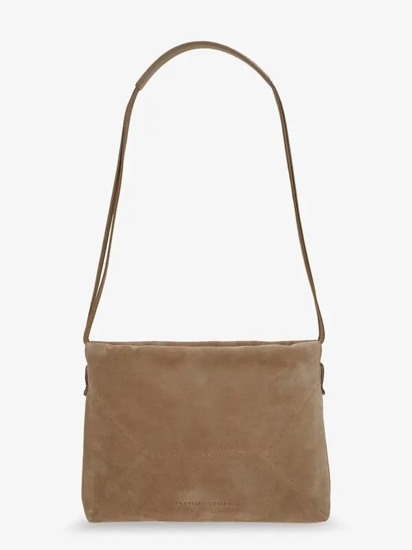Brunello Cucinelli Suede Shoulder Bag With Logo On The Front - Cream