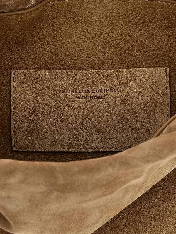 Brunello Cucinelli Suede Shoulder Bag With Logo On The Front - Cream