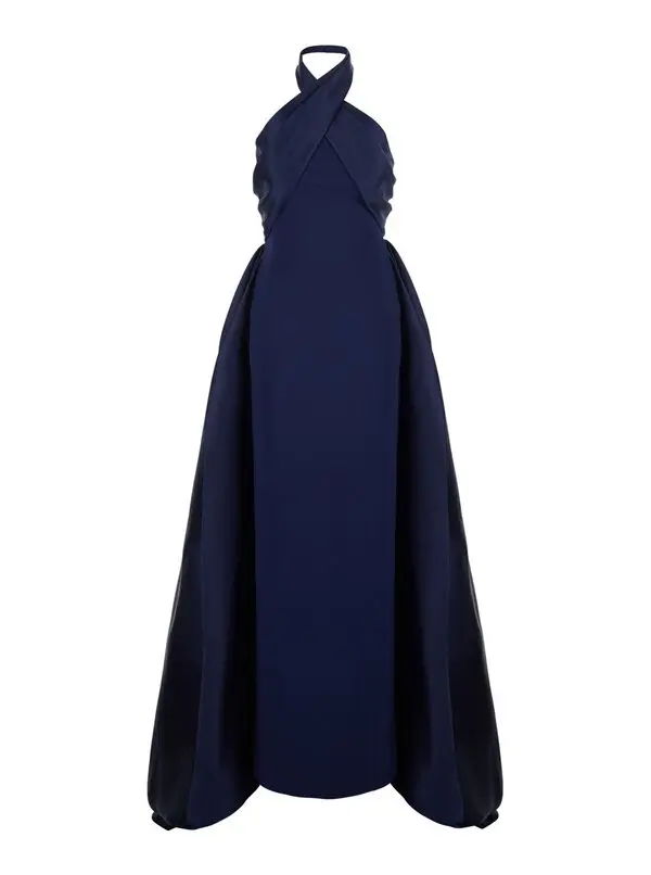 Solace London Rumi' Blue Long Dress With Crossed Halterneck And Single Slit On The Back In Tech Fabric - Multicolor